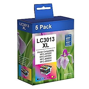 LC3011 LC3013 5PKS High Yield Compatible Ink Page Yield Up to 400 Pages/Cartridge Includes 2 Black, 1 Cyan,1 Magenta,1 Yellow for Brother LC3013 Ink Cartridges for MFC-J491DW MFC-J497DW MFC-J895DW