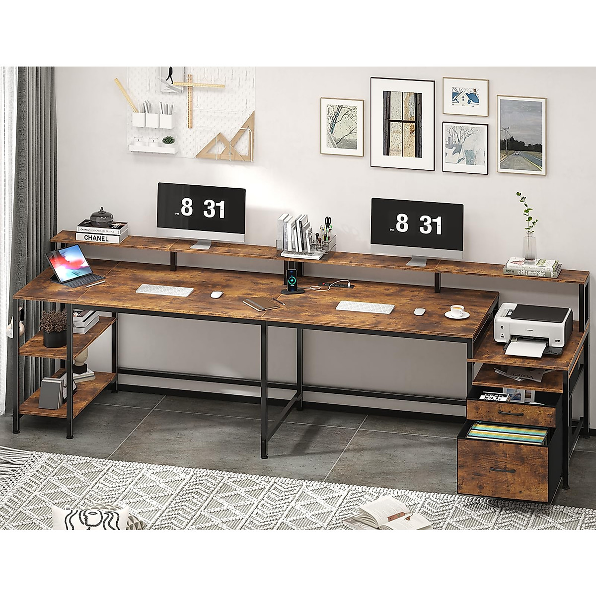 YOMILUVE 2 Person Desk with File Drawer and Storage Shelves, 103" Double Computer Desk with Power Outlet & 2 Fabric Drawers for Home Office, Reversible Computer Desk with Monitor Stand, Rustic Brown