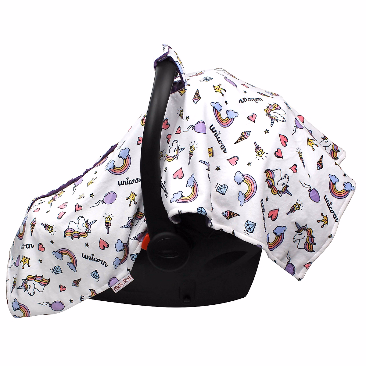 Baby Car Seat Canopy Cover - Unicorn and Rainbows with Purple Minky Dot
