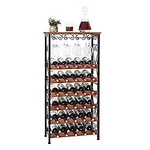 X-cosrack Rustic 30 Bottles Floor Wine Rack Shelf with Wine Glass Holder Rack, Freestanding Wobble-Free 6 Tier Wine Bottle Organizer Display Storage Stand for Kitchen Pantry Patent Pending
