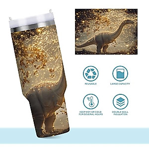 Slewiaeky Tumbler with Handle 40 oz Multicolor Beast Dinosaur T Rex Travel Mug with Lid and Straw Stainless Steel Vacuum Insulated Water Bottle Cup for Iced Tea Coffee Cold Beverages Cup Holder Frien
