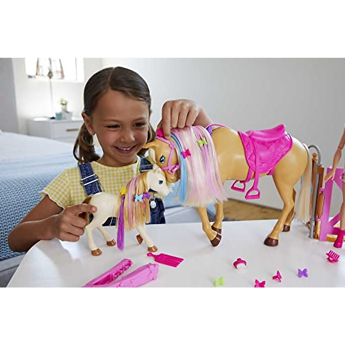 Barbie Groom 'N Care Horse Playset with Blond Doll, 2 Nodding Horses & 20+ Accessories, Style Color-Change Manes with Tool & Clips