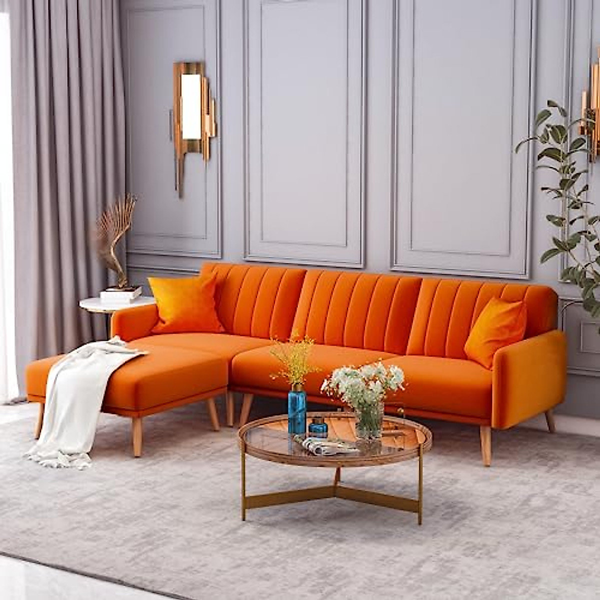 UPHYB L-Shaped Orange Velvet Sectional Recliner Sofa Couch, 105" Modern Convertible Sleeper Sofa Bed with Adjustable Backrest, 3 Seat Sofa Set with Ottoman and 2 Pillows for Living Room and Apartment