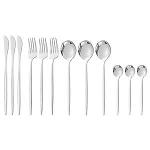 12pcs Tableware Set, 410 Stainless Steel Flatware Set Spoons Knives Forks with Comfortable Long Handle, Elegant Minimalist Appearance Cutlery Set for Picnics Camping Travel (silver)