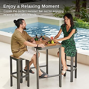 EAST OAK Signature 3-Piece Outdoor Bar Set, Patio Table with Teak Wood and Aluminum, Outdoor Patio Furniture for 2, Outdoor High Top Table and Chairs Set for Backyard, Garden and Pool, Dark Grey