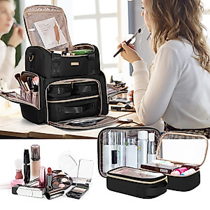 Prokva Large Cosmetic Bag with 3 Removable Case, Double Layer Travel Organizer with Inner Dividers and Makeup Brushes Storage Section, Black (Patented Design)