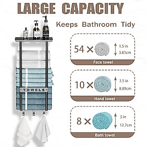 ATSKIM Wall Mounted Towel Rack for Rolled Towel, 2-Tier Detachable Wooden Shelf Bath Towel Organizer and Storage for Small Bathroom, Towel Holder for Bathroom Wall with Middle Partition (Black)