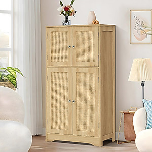 Iwell Storage Cabinet, Rattan Cabinet with 4 Rattan Doors & Adjustable Shelf, Bathroom Floor Cabinet for Living Room, Entryway, Home Office, Natural
