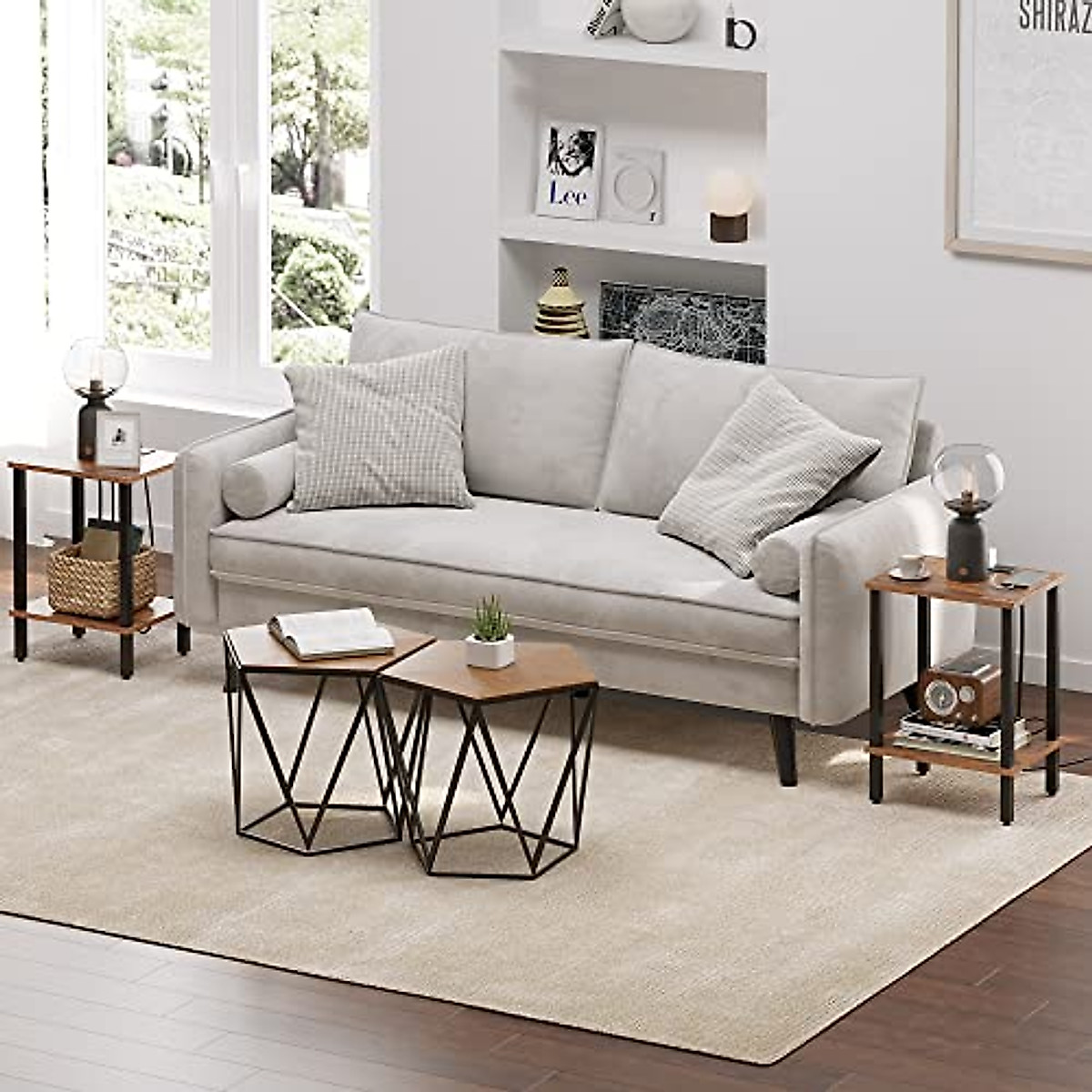 TUTOTAK End Table with Charging Station, Side Table with USB Ports and Outlets, Nightstand, 2-Tier Storage Shelf, Sofa Table for Small Space TB01BB040