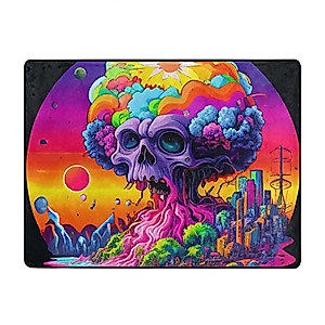 Memory Foam Psychedelic Skull City Art Kitchen Rug Play Blanket Extra Large Yoga Mat, Anti-Slip Backing Nursery Rugs, Absorbent Indoor Outdoor Entryway Rug