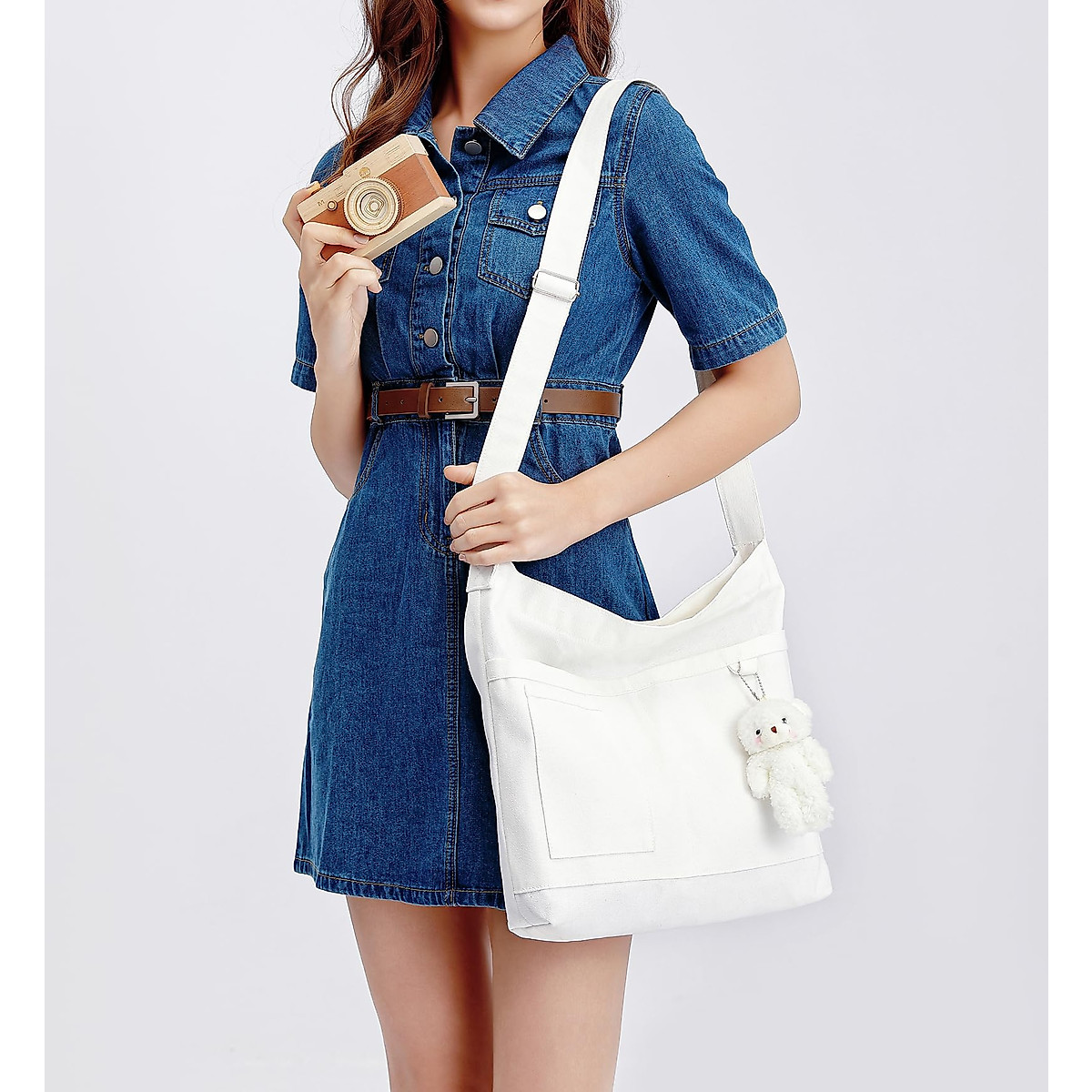 Covelin Womens Canvas Bag with Bear Pendant Crossbody Purse Top Zip Shoulder Handbag White