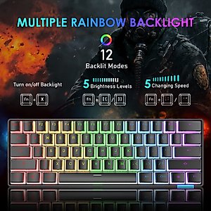 Mini Wireless 60% Dual Mode BT5.0/USB-C Wired Mechanical Gaming Keyboard with Pudding Keycaps Rainbow Backlit Ergonomic Rechargeable Anti-ghosting 61Key for PC Typist Mac Gamer(Black PBT/Red Switch)