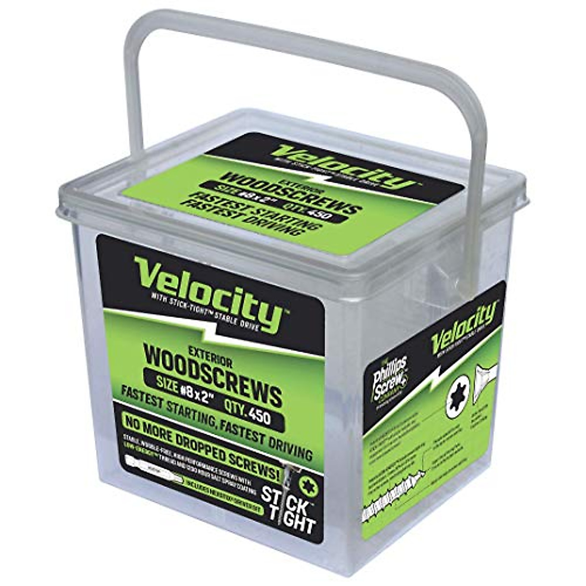 Velocity Exterior 2 Inch Wood Screws Contractor Pack (Size #8) – Stick Tight Technology, Made with Carbon Steel, Includes Hexstix Bit & Storage Organizer Fence Screws for Wood (450 Pieces)