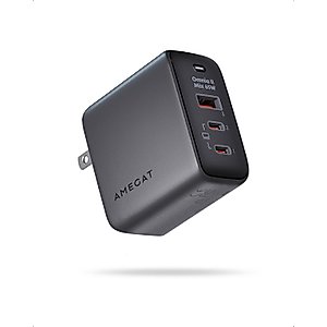 AMEGAT USB C Charger 65W, 3-Port GaN III Fast Charger Block PPS PD 3.0, Compact Foldable Wall Charger for MacBook Pro/Air, Dell XPS 13, iPhone 15/Pro, iPad Pro, Galaxy S23, Steam Deck, and More