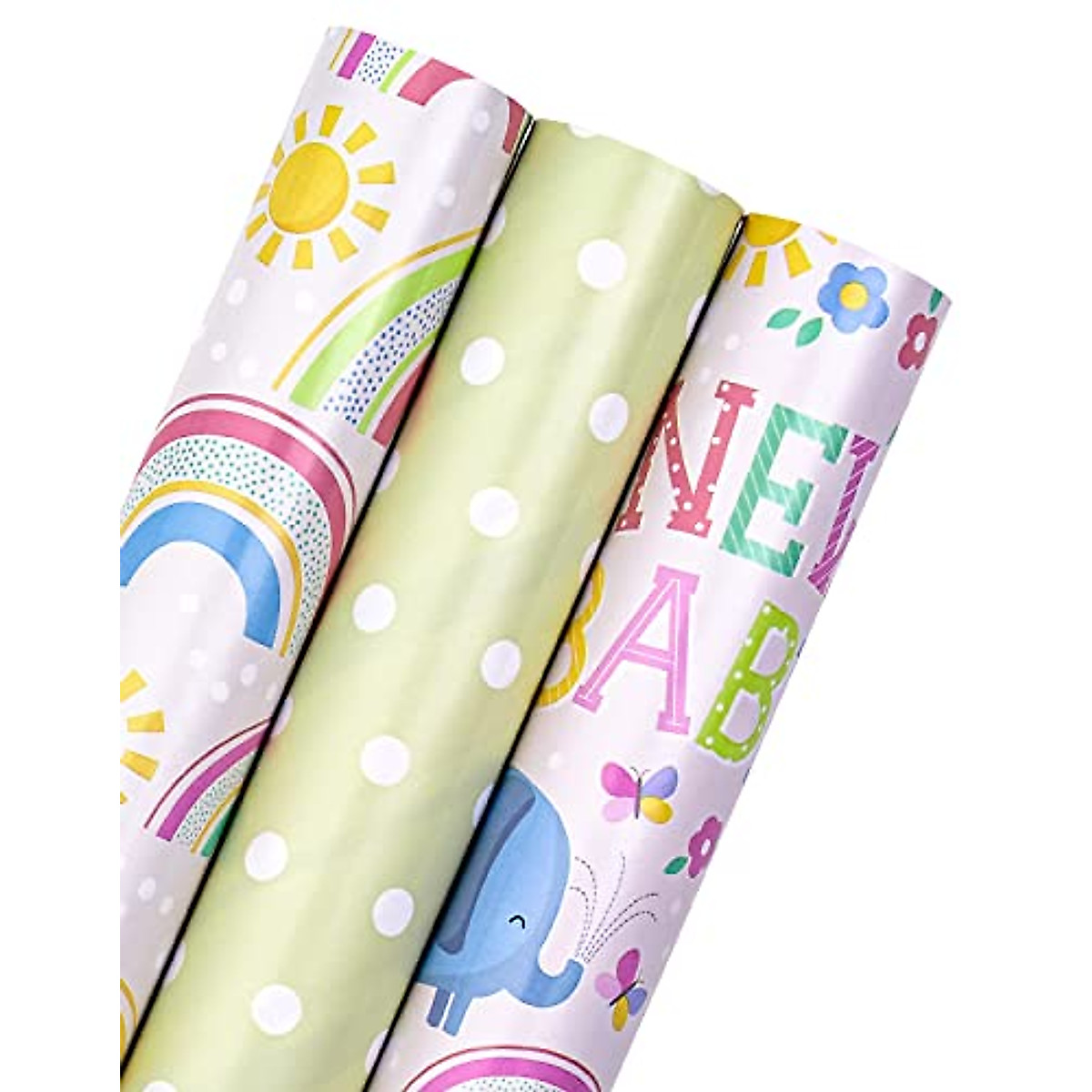 WRAPAHOLIC Reversible Baby Shower Wrapping Paper - Mini Roll - 3 Rolls - 17 Inch X 120 Inch Per Roll - Solid Green, Polka Dot, Stripes, Rainbows, Cute Animals & New Baby Lettering