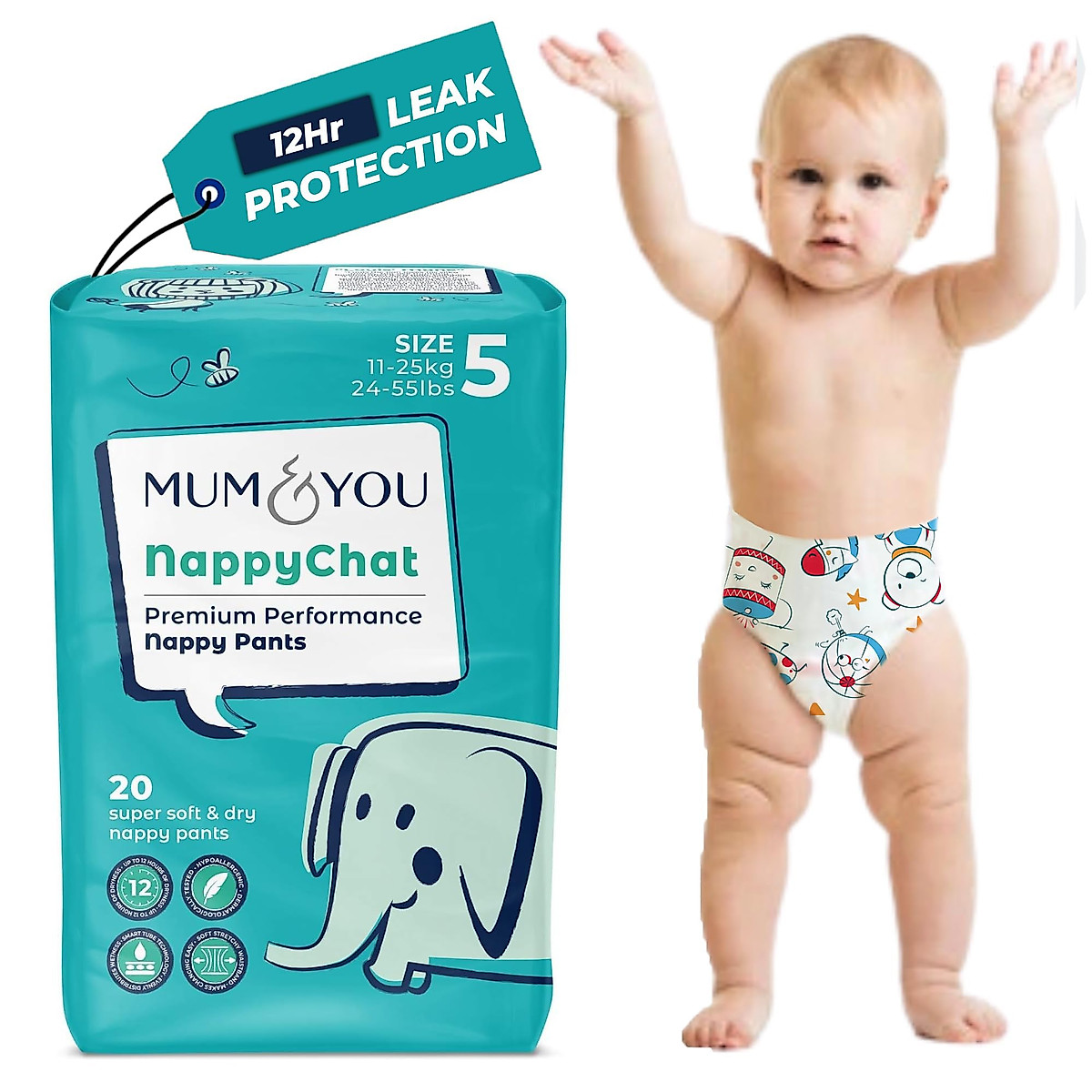 Mum & You Nappychat Premium Performance Eco Diaper Pants, Size 5 (20 diapers) Smart Tube Technology Leak Protection. 100% Recyclable. Hypoallergenic, Dermatologically-Tested. No Lotion, Perfume or Dye