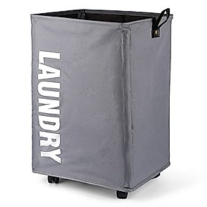 VENUSDALI Large Laundry Hamper,with Wheels Oxford Fabric Leather Handle,water Proof Folding Washing Bin,for Bedroom, Laundry Room, Closet, Bathroom, College, Dark Grey (Gray)