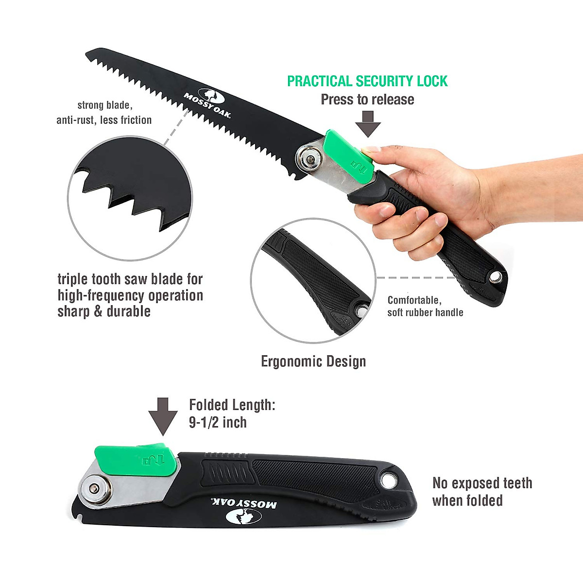 MOSSY OAK 3 in 1 Folding Saw, Pruning Hand Saw with Wood, Metal and PVC Blade, Camping Saw for Backpacking, Hunting and Bushcraft, Pouch Included