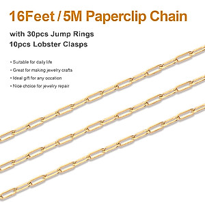 Kyutong 5M Gold Plated Necklace Chain for Jewelry Making 304 Stainless Steel Paperclip Chain Roll with Lobster Clasps and Jump Rings for Men Women Making Jewelry Craft Support Jewelry Findings
