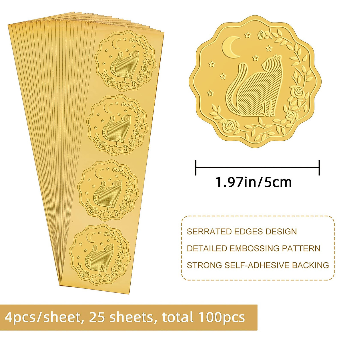 CRASPIRE 100pcs Gold Foil Stickers Embossed Certificate Seals Self-Adhesive Stickers Medal Decoration Stickers Certification Graduation Corporate Notary Seals Envelope (Cat)
