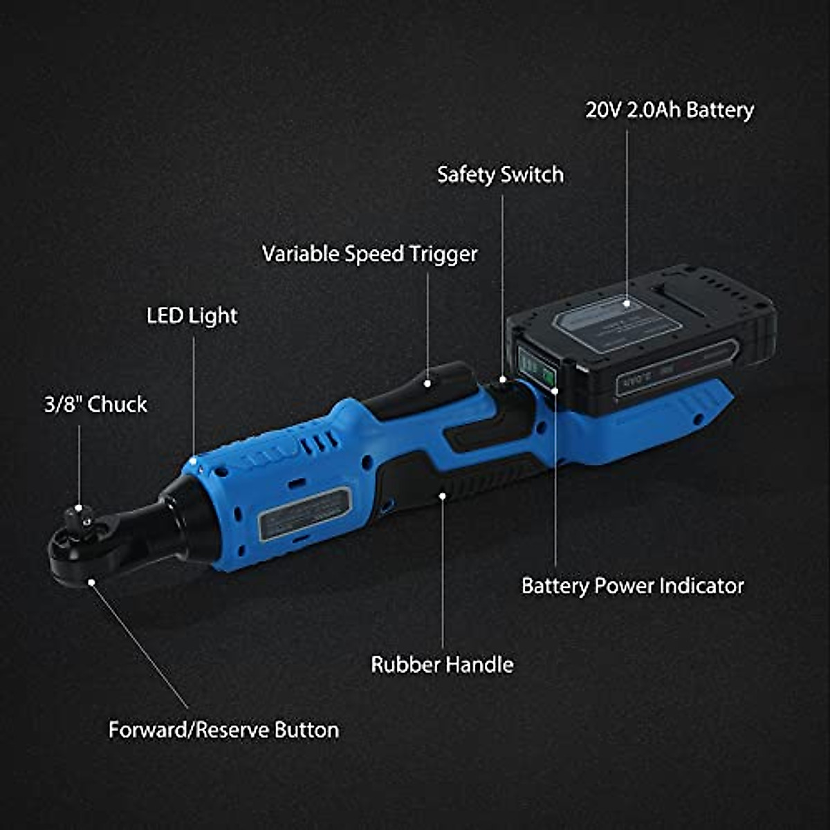 WISETOOL 20V Cordless Electric Ratchet Wrench Set,3/8" Power Ratchet Wrench Kit with 2-Pack 2000mAh Lithium-Ion Batteries,Max Torque 60N.m(44.25 ft-lbs),Variable Speed,9 Sockets and and Tool Bag