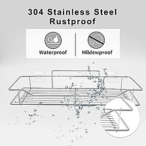 Go Green Tableware GOGN Shower Caddy Shelf with 4 Hooks,Adhesive Shower Organizer for Bathroom Storage,304 Stainless Steel,No Drilling and Wall Mounted,2 Pack (Silver)