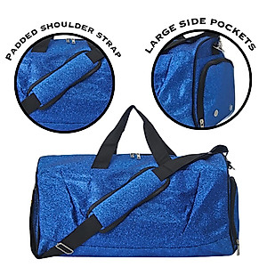 NGIL Glitter Cheers Sports Gym Duffel with Shoe Compartment and Small Carry On Travel Tote for Women, Cheer Bag (Royal)