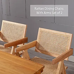 Westice Rattan Dining Chairs Set of 6, Wooden Kitchen Chairs with Faux Cane Seat & Backrest, Solid Wood Legs, Comfy Farmhouse Retro Side Chair for Indoor Dining Room, Natural