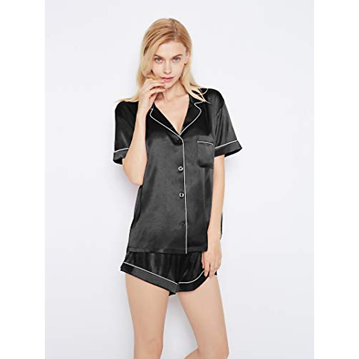 SIORO Silk Pajamas for Women Short Sleeve Womens Pajamas Sets Satin, Button Down Sleepwear Soft Pj Sets, Black, X-Large