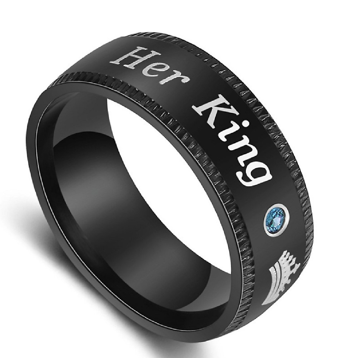 6mm Black Stainless Steel His Queen Womens Wedding Band Promise Engagement Proposal Ring with Blue Cubic Zirconia (Her Size 9)