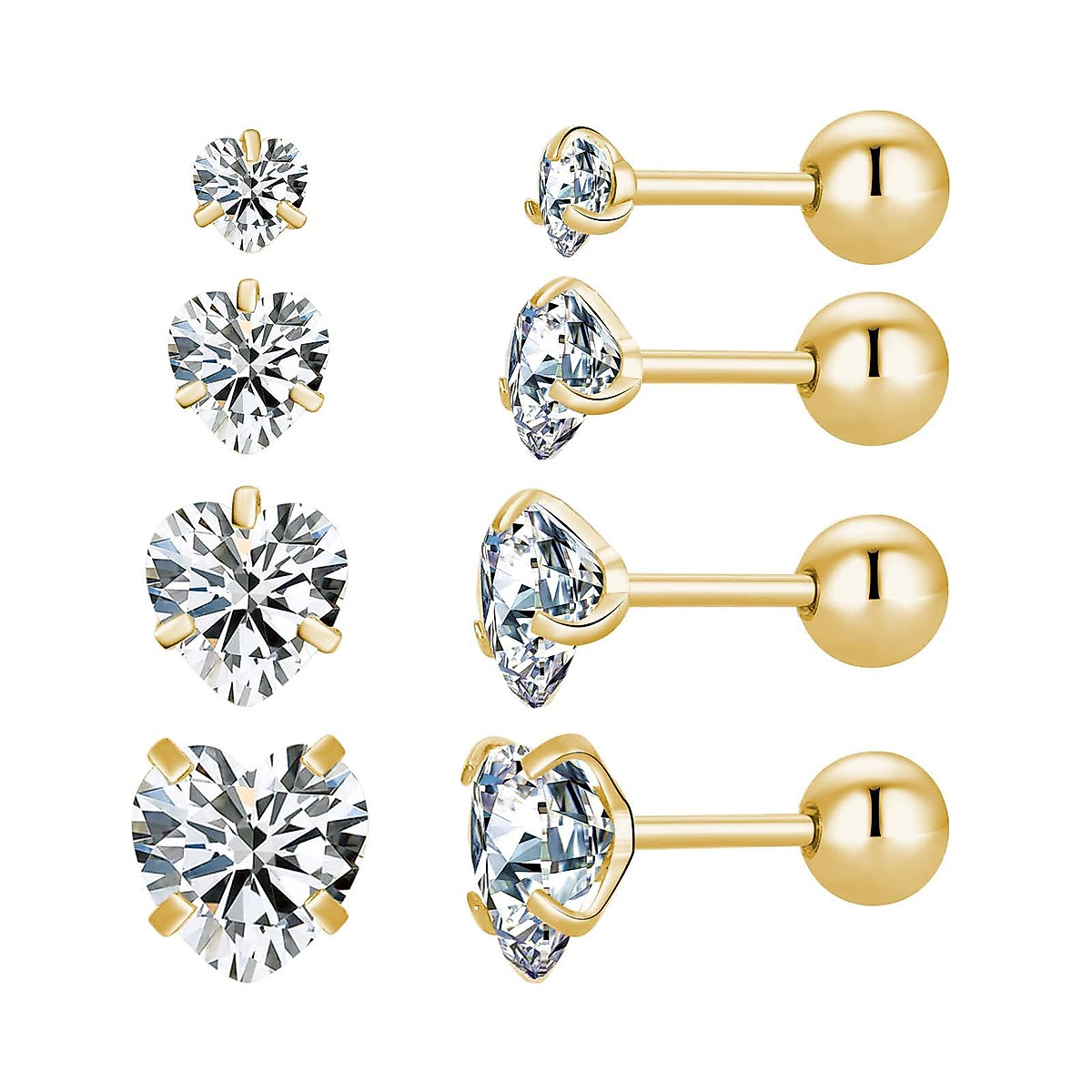 4 Pairs Screw Back Surgical Stainless Steel Stud Earrings, Gold Plated Silver Heart Star Square Princess Cut Round CZ Cubic Zirconia Stud Earrings Set (Gold Heart CZ)
