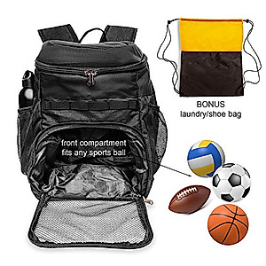 Xelfly Basketball Backpack with Ball Compartment – Sports Equipment Bag for Soccer Ball, Volleyball, Gym, Outdoor, Travel, Team – 2 Bottle Pockets, Includes Laundry or Shoe Bag – 25L (Black)