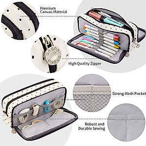 Big Pencil Case Pouch Large Pen Case Stationery Pencil Bag School College Office Organizer for Teens Girls Adults Student (Black Dots)