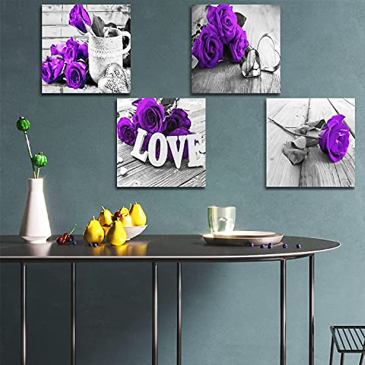 Purple Pictures Wall Decor Flowers Canvas Wall Art for Couples Bedroom Romantic Rose Bathroom Painting Black and White Grey Love Themed Floral Poster Living Room Modern Home Decorations 12x12" 4 Pcs