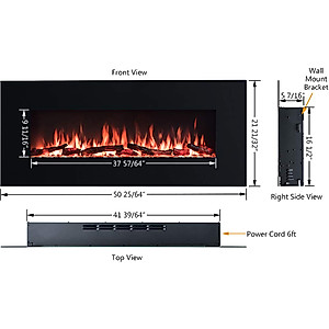 PuraFlame Serena 50 Inches Wall Mounted Linear Electric Fireplace with Log Set & Crystal, Adjustable Flame Color and Speed, 750 / 1500W Heater, Remote with Timer, 50.38 x 5.44 x 21.63 inches, Black