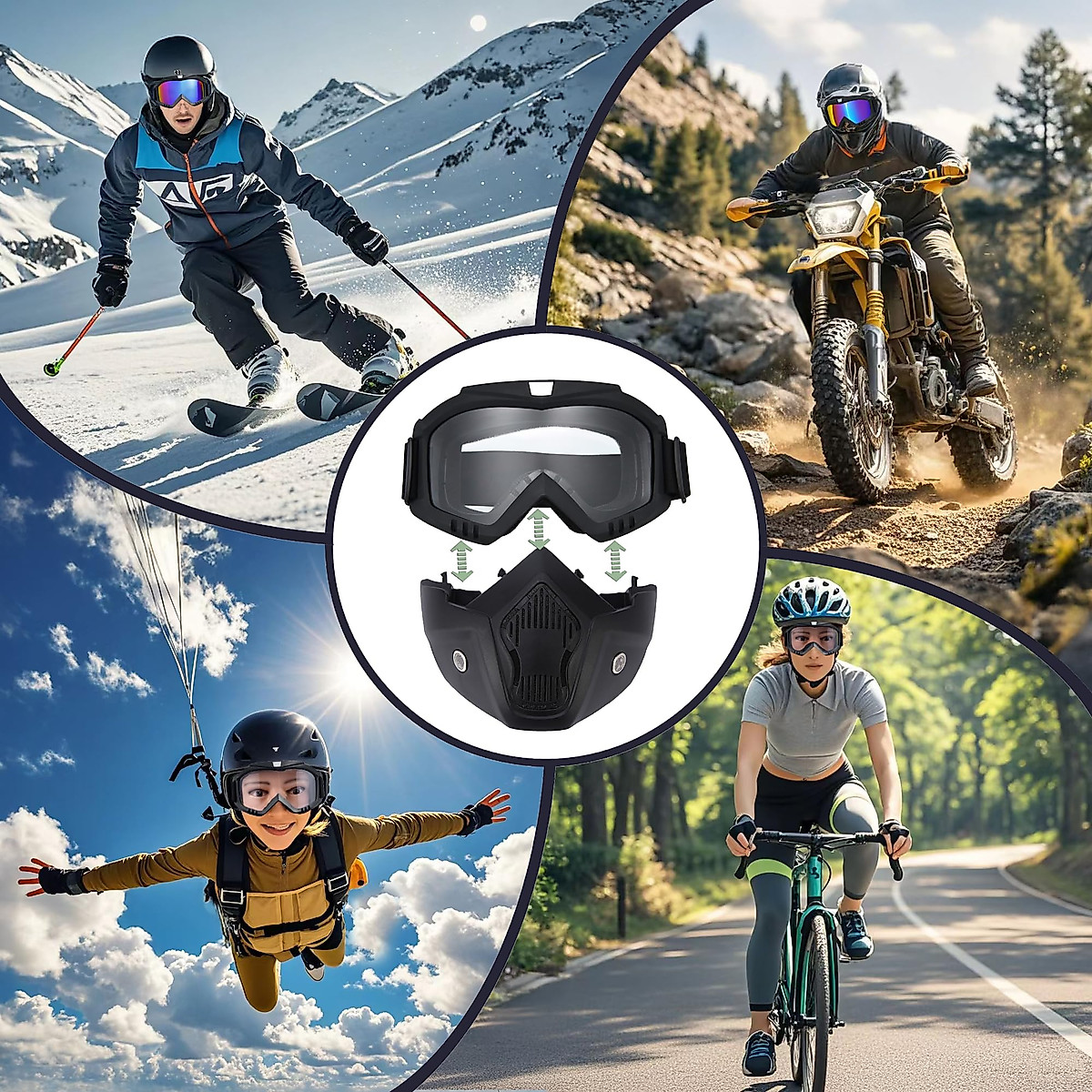 Motorcycle Goggles Dirt Bike ATV Motocross Anti-UV Adjustable Riding Offroad Protective Combat Tactical Military Clear Glasseswith Removable Face Mask Men Women