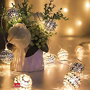 Moroccan String Lights Plug in 20 LED Globe Lights Silver Metal Balls for Wedding Party, Birthday, Christmas, Home Decor, Indoor Outdoor, 8 Functions, Timer, Unique Pattern, Connectable, 10 ft