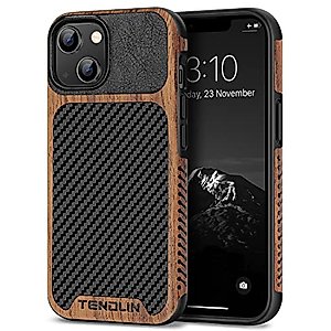 TENDLIN Compatible with iPhone 14 Case Wood Grain with Carbon Fiber Texture Design Leather Hybrid Slim Case Black