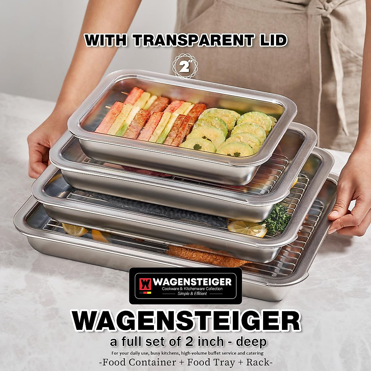 WAGENSTEIGER Stainless Steel Food Prep Container Set with Rack & Transparent Lid, Buffet Party Pan, Catering Pan, For Resting Meats & Oven Roasting, Marinating & Deep-Frying Prep Tools