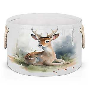 OMFUNS Deer Animal Round Storage Basket Extra Large Art Painting Laundry Hamper Basket for Blankets Clothes Cotton Rope Basket Towel Nursery Baby Toy Pet Basket Decorative