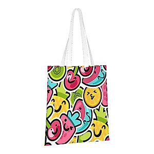TifyDon Canvas Tote Bag，Berries Fruit Mix Pattern Reusable Large Shopping Shoulder Tote Bag For Women，Lovely Funny Pineapple Orange Watermelon Cherries Kiwi Black Happy Beach Tote Bags Bulk
