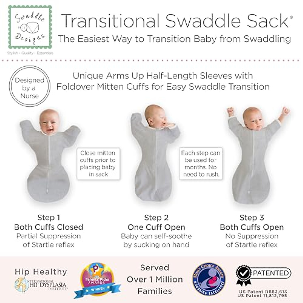 SwaddleDesigns Transitional Swaddle Sack with Arms Up Half-Length Sleeves and Mitten Cuffs, Medium, 3-6 Months, 14-21 lb, Heathered Gray (Arms Up Swaddle, Transition Swaddle Sleep Sack)