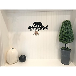 Black Bear with Fish Bones Cast Iron Wall Hook, Wall Mounted Decoration, Rustic Cabin Décor, 9.25 Inches