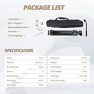 【2023 Upgrade】 RAUBAY 70.8" Professional Heavy Duty Video Camera Tripod with Fluid Head, QR Plate for DSLR Camcorder, Max Loading 17.6lbs, Aluminum Twin Tube Leg with Metal Mid-Level Spreader DV-1 PRO