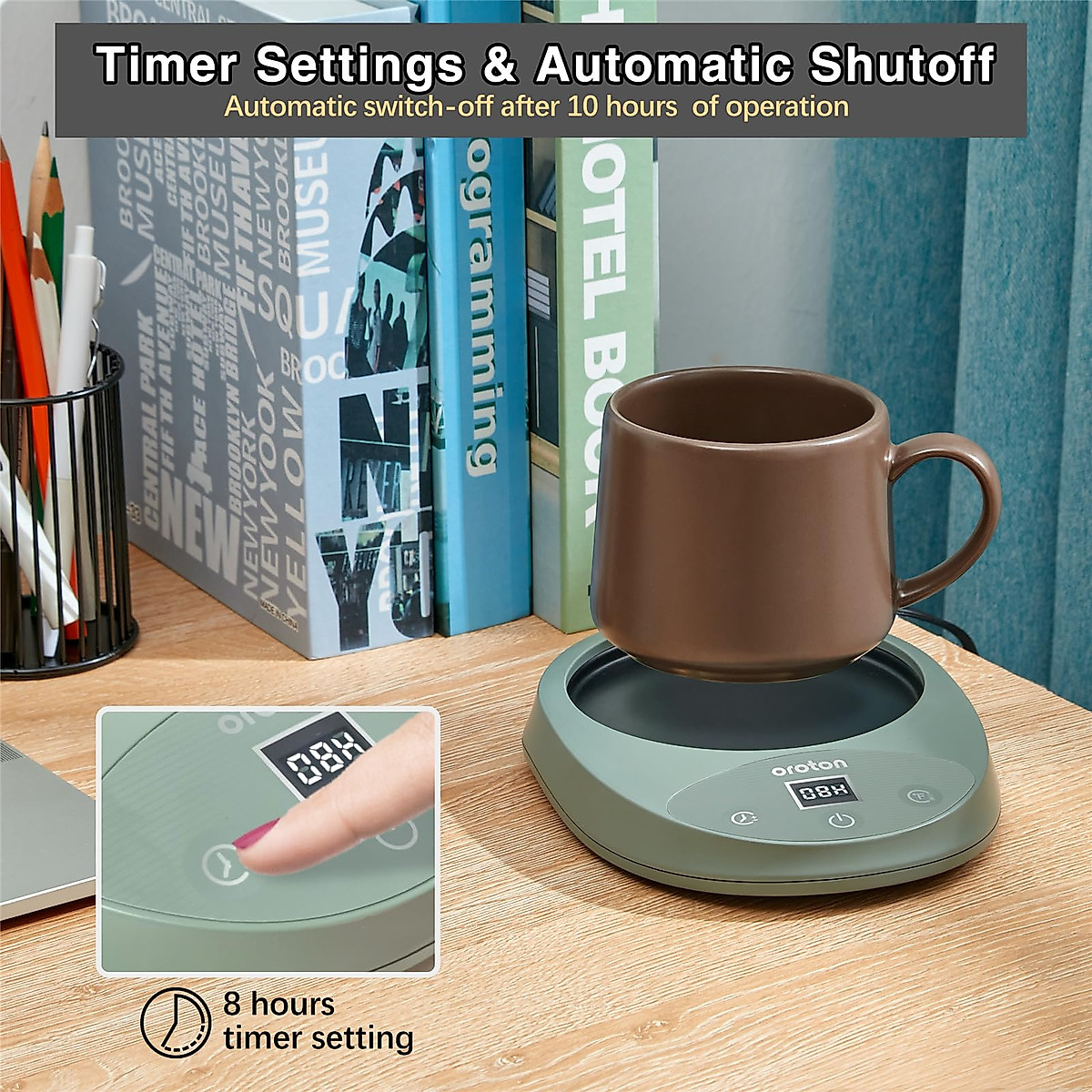 Oroton Mug Warmer for Coffee and Tea, Auto Shut Off,4.3 Inch Large Heated Plate,8 Temperature Settings, 1-8 Hour Timer Settings, Smart Coffee Warmer Plate Milk Tea Water(Green)