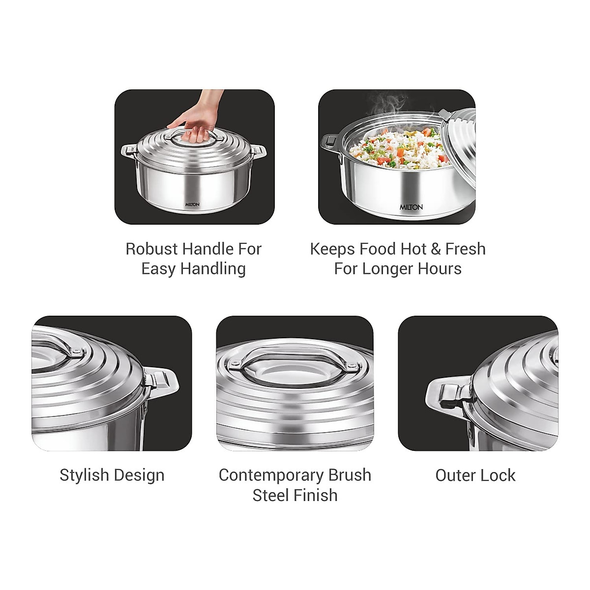 MILTON Galaxia 3500 Insulated Stainless Steel Casserole, 3.5 qt. (3300 ml, 111 oz) Thermal Serving Bowl, Keeps Food Hot & Cold for Long Hours, Elegant Hot Pot Food Warmer Cooler, Silver