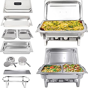 6 Pack Full Size Stainless Steel Chafing Dishes Buffet Set,9 QT Rectangular Catering Chafer Warmer with Food Tray Lid and Fuel Holder for Buffet Banquet Party Catering,Sliver