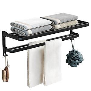 Towel Racks for Bathroom 24in, Grey Towel Rack Wall Mounted, Double Layer Foldable Bathroom Towel Rack, Widen Towel Shelf with Flat Towel Bar for More Stable Storage (Black)