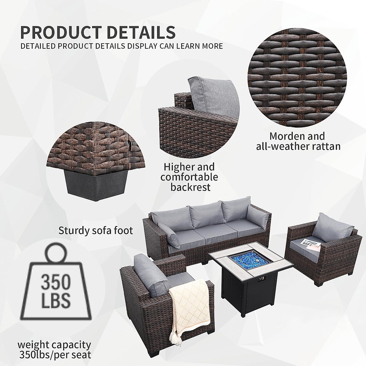 Valita Patio Rattan Furniture Set 4-Piece Outdoor PE Wicker Conversation Couch, Brown Sectional Sofa Couch with 50,000BTU Adjustable Fire Pit Table Non-Slip and Washable Gray Cushions