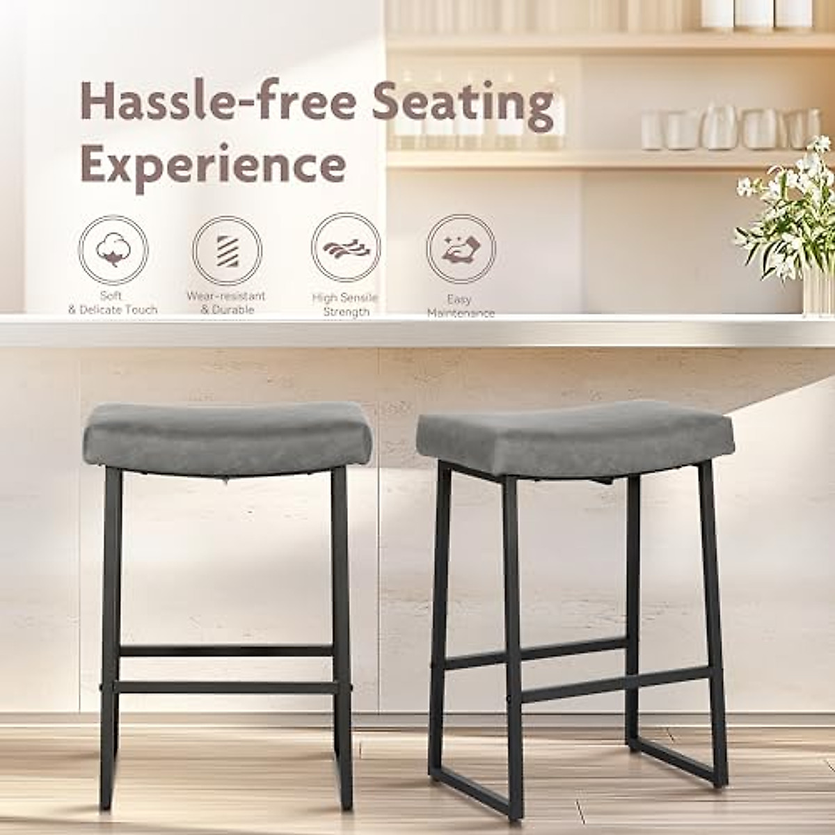 ALPHA HOME Bar Stools Backless Saddle Seat Barstools Modern PU Leather Cushion Counter Height Chairs Set of 2 for Kitchen Island, Dining Pub and Bistro, 24 Inches, Grey, 2PCS